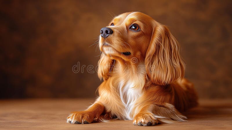 Adorable Golden Cocker Spaniel Dog Lying Down, Looking Up, Against a ...