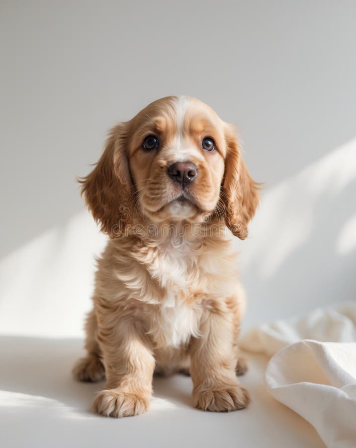 Adorable Golden Cocker Spaniel Puppy Sitting and Looking Up Stock Image ...