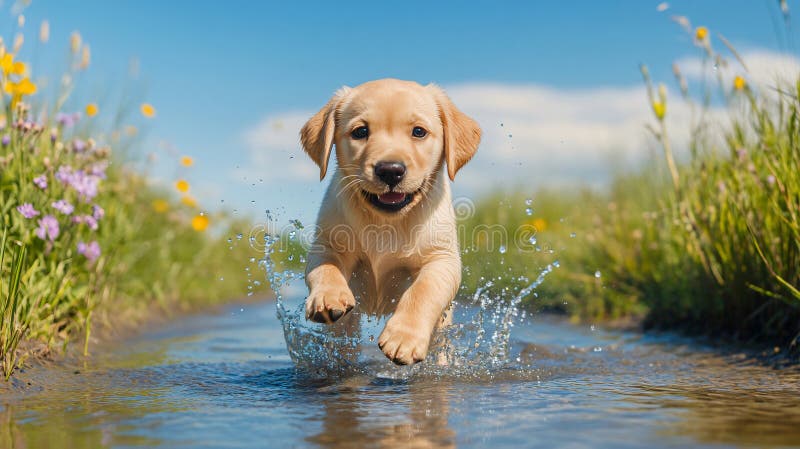 Adorable Golden Labrador Puppy Enjoying a Splash in Shallow Water Stock ...