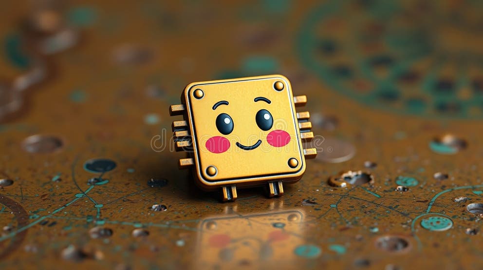 Cute Cartoon Golden Quantum Computing Chip with a Charming Face Stock ...