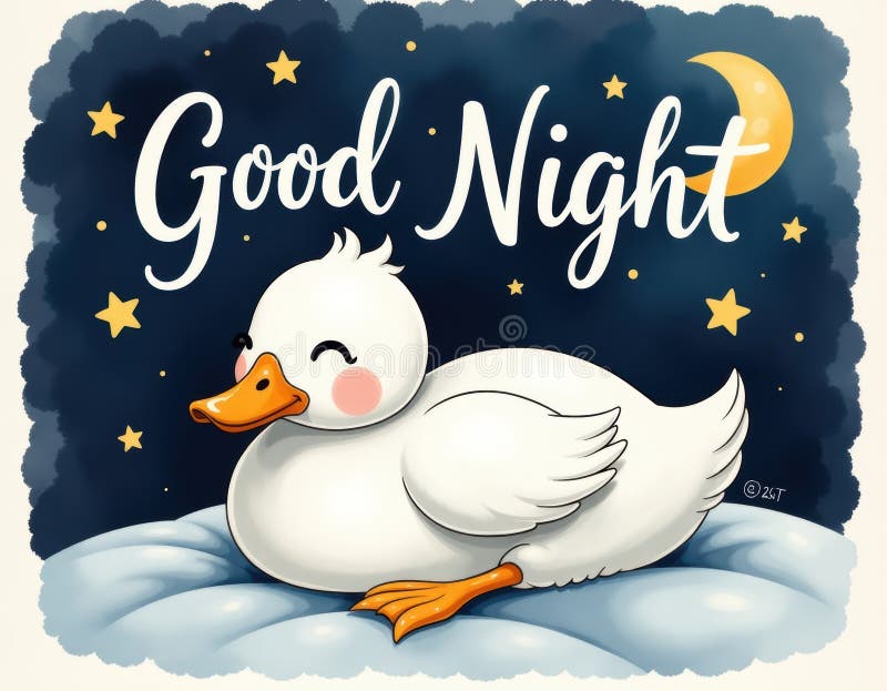 Adorable Good Night Duck Resting on Cloud Under Starry Sky Illustration ...