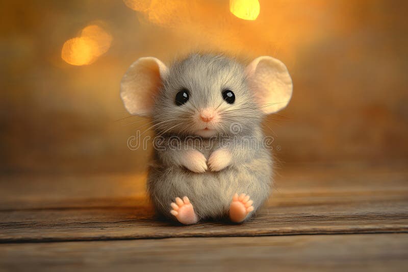 Adorable Gray Mouse on Wooden Surface, Golden Bokeh Background Stock ...