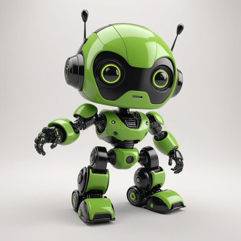 Adorable Green and Black Robot on White Background Stock Illustration ...