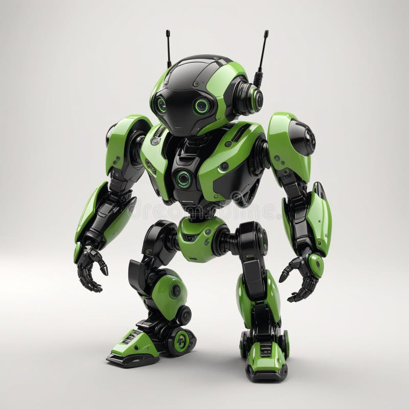 Adorable Green and Black Robot on White Background Stock Illustration ...