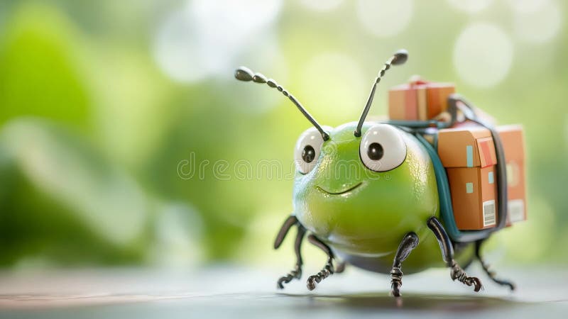 Adorable Green Bug with Tiny Packages on Back in Lush Outdoor Setting ...