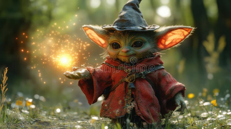 Adorable Green Creature in Red Robe Casting a Spell Stock Illustration ...