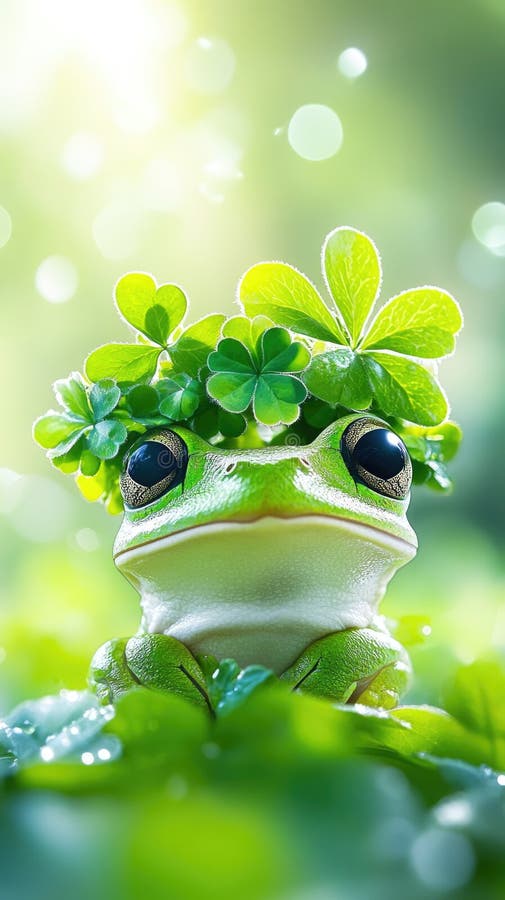 Adorable Green Frog with Leaf Crown in Sunlit Forest. Happy St. Patrick ...