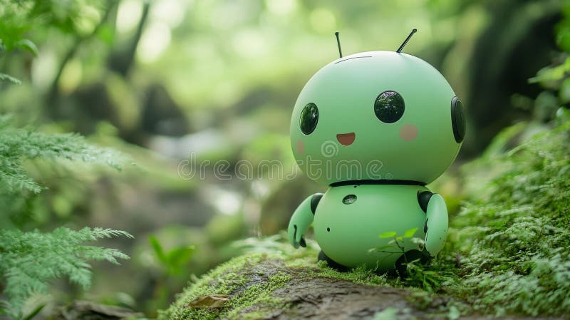 Adorable Green Robot Exploring Nature in a Serene Forest Stock Photo ...