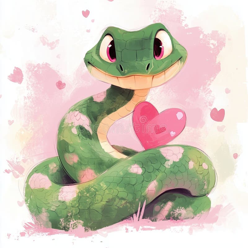 Adorable Green Snake with Heart, Whimsical and Charming Illustration ...
