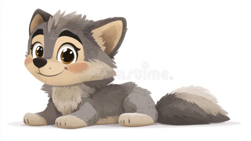 Adorable Grey Cartoon Wolf Puppy Sitting on White Background Stock ...