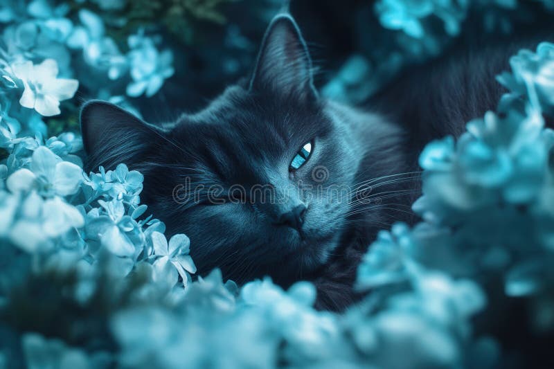 Adorable Grey Cat Relaxing in Blue Hydrangeas, Winking with One Eye ...
