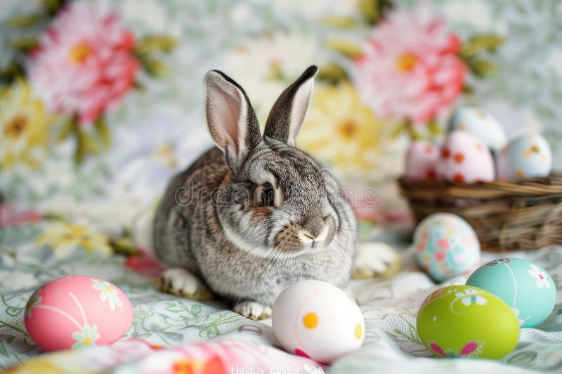 Adorable Grey Rabbit Surrounded by Painted Easter Eggs and Spring ...