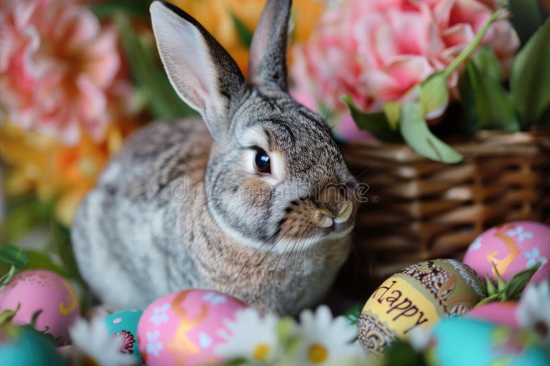 Adorable Grey Rabbit Surrounded by Painted Easter Eggs and Spring ...