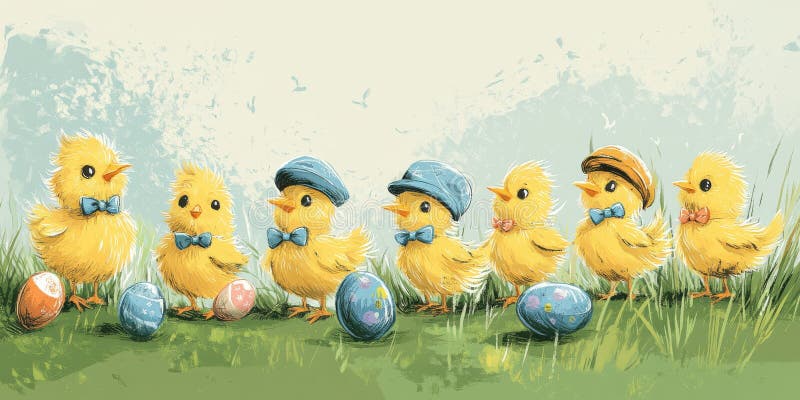 Adorable Group of Fluffy Yellow Chicks with Bow Ties and Blue Caps in a ...