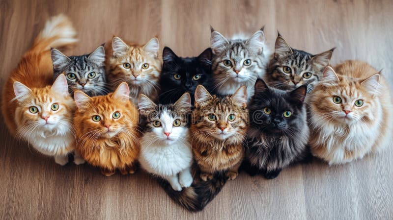 Adorable Group of Multi-colored Cats Sitting on Wooden Floor Stock ...