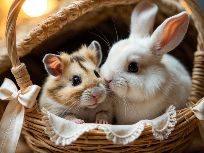 Adorable Hamster and Bunny in a Wicker Basket Stock Image - Image of ...