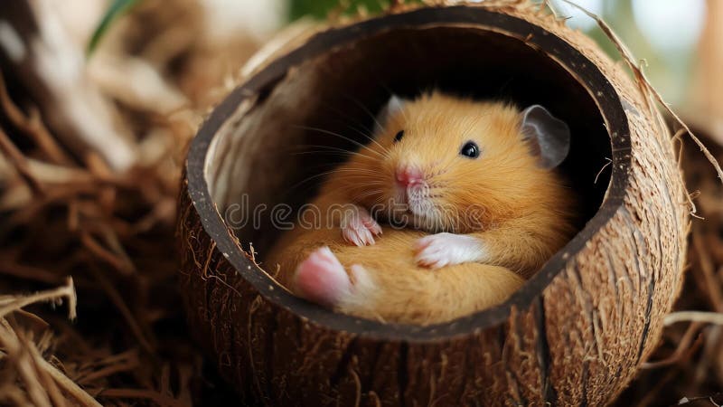 Cute Hamster Resting Inside a Coconut Shell Stock Video - Video of ...