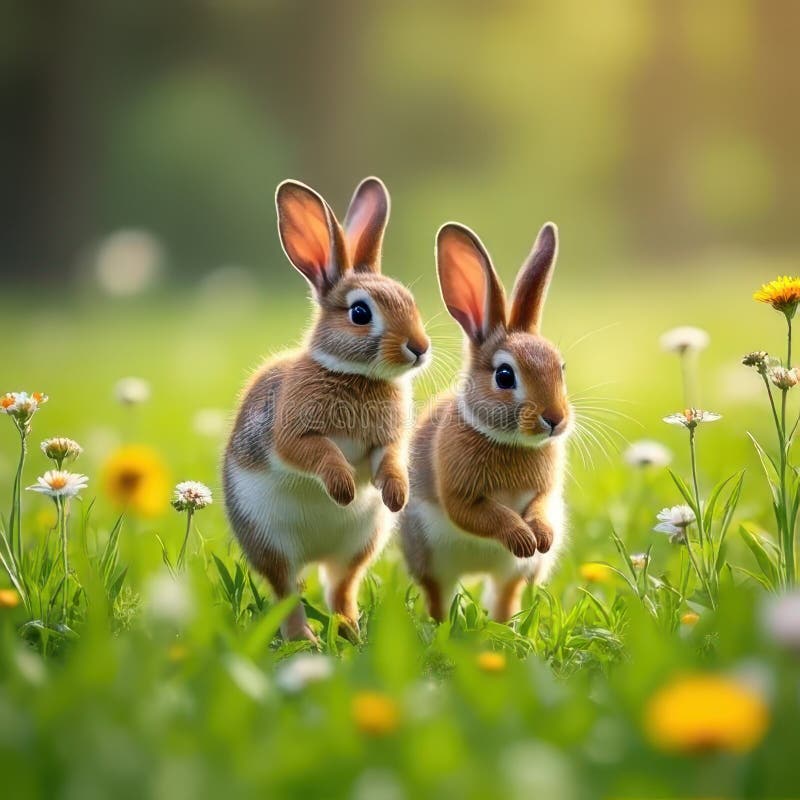 Adorable Hare Leaping Duo in a Pastoral Setting Stock Illustration ...