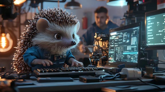 Adorable Hedgehog Programmer Working in Futuristic Tech Laboratory Stock Image - Image of ...