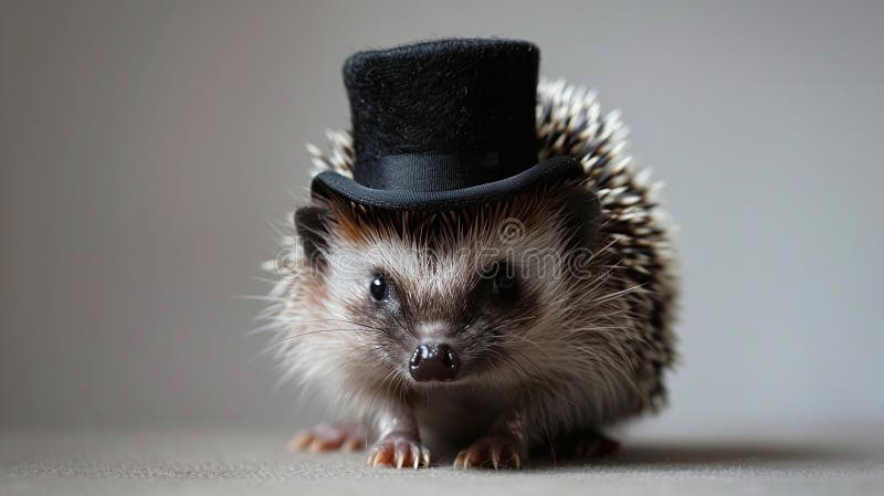 Adorable Hedgehog Wearing Elegant Black Top Hat on Grey Background ...