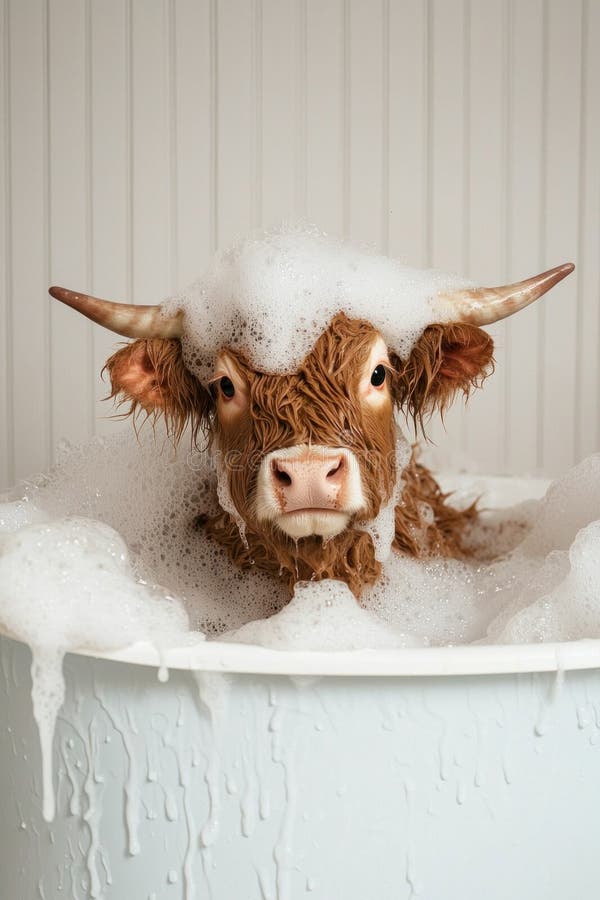 Adorable Highland Cow Taking a Bubble Bath in a White Tub. Stock Image ...