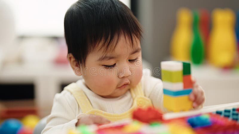 Adorable Hispanic Baby Playing with Construction Blocks Sitting on ...