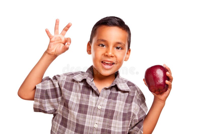 Hispanic Boy with Apple and Okay Hand Sign Stock Image - Image of ...