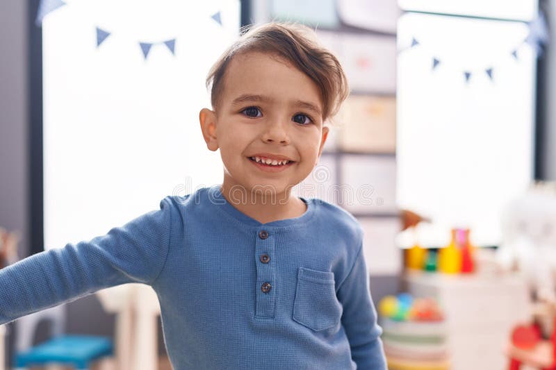 Adorable Hispanic Boy Smiling Confident Standing at Kindergarten Stock ...