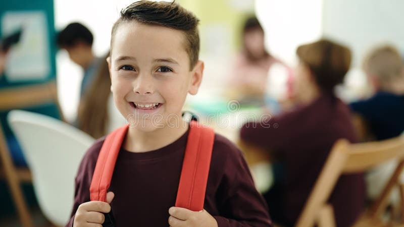 Adorable Hispanic Boy Student Smiling Confident Standing at Classroom ...