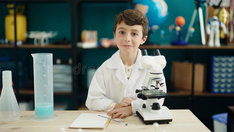 Adorable Hispanic Boy Student Smiling Confident Standing at Laboratory ...