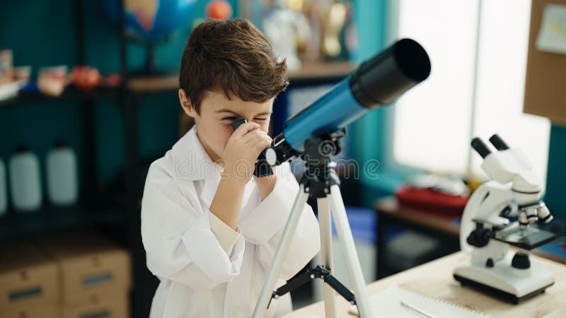 Adorable Hispanic Boy Student Using Telescope at Laboratory Classroom ...