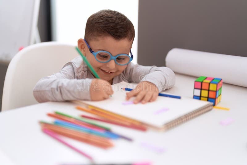 Adorable Hispanic Toddler Student Smiling Confident Drawing on Notebook ...