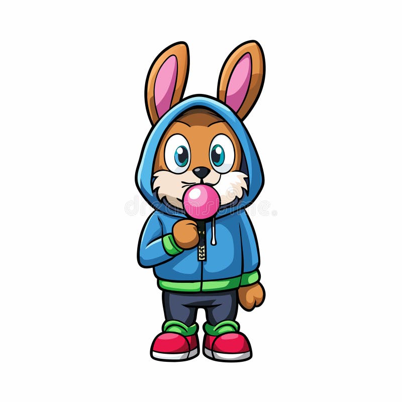 Adorable Hoodie-Clad Rabbit Chewing Bubble Gum with Whimsical ...