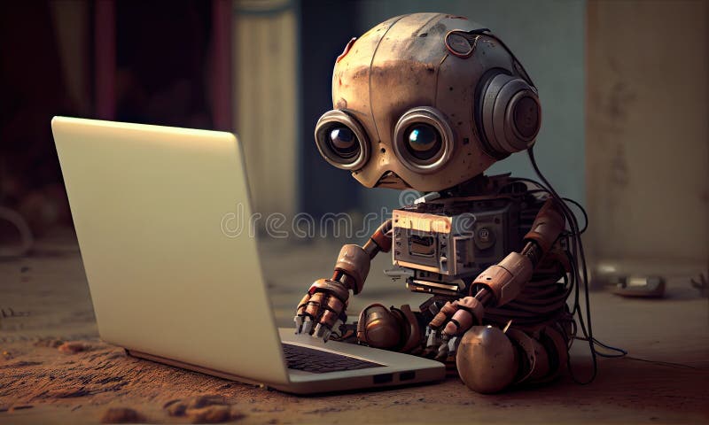 Adorable Humanoid Robot Working on Laptop, Generative AI Stock ... Adorable Humanoid Robot Working on Laptop, Generative AI Stock ...
