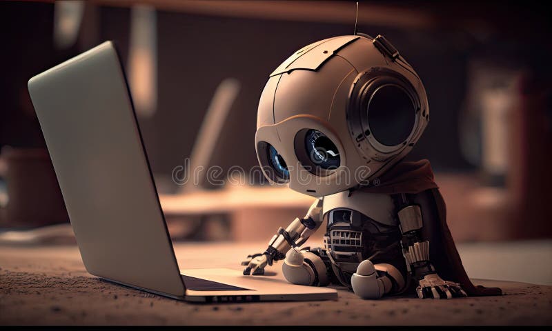 Adorable Humanoid Robot Working on Laptop, Generative AI Stock ... Adorable Humanoid Robot Working on Laptop, Generative AI Stock ...