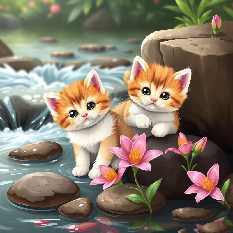 Adorable Illustration of Two Kittens by a Flowing Stream with Flowers ...