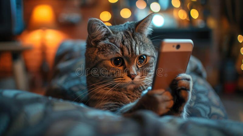 Cute Cat Using Smartphone To Browse Internet and Look at Camera Stock ...
