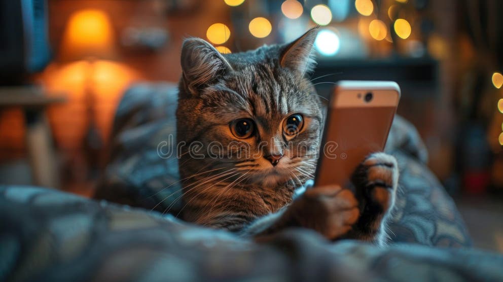 Cute Cat Using Smartphone To Browse Internet and Look at Camera Stock ...
