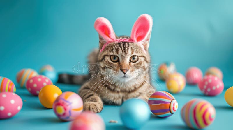 Cute Easter Cat in Bunny Ears with Eggs Stock Illustration ...