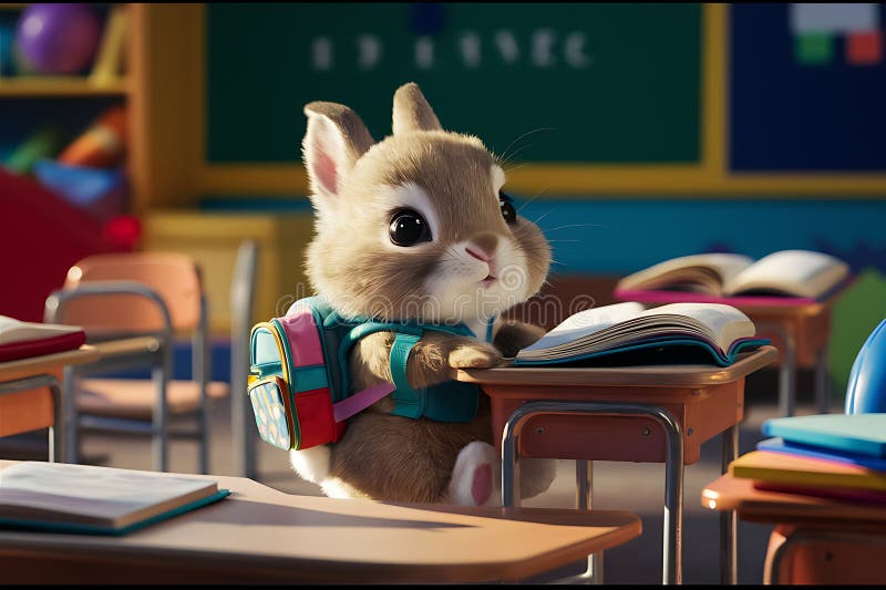 Cute Rabbit Sitting in a Classroom with a Backpack and Book Stock ...