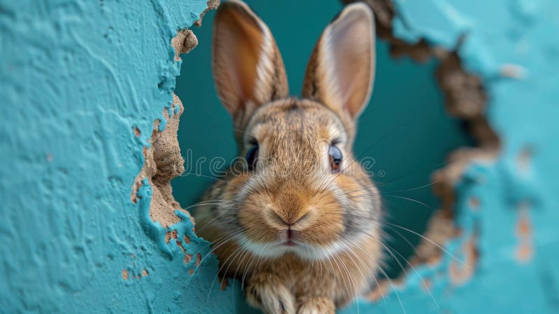 Fluffy Easter Bunny Peeking Out of Torn Hole in Blue Wall for Easter ...