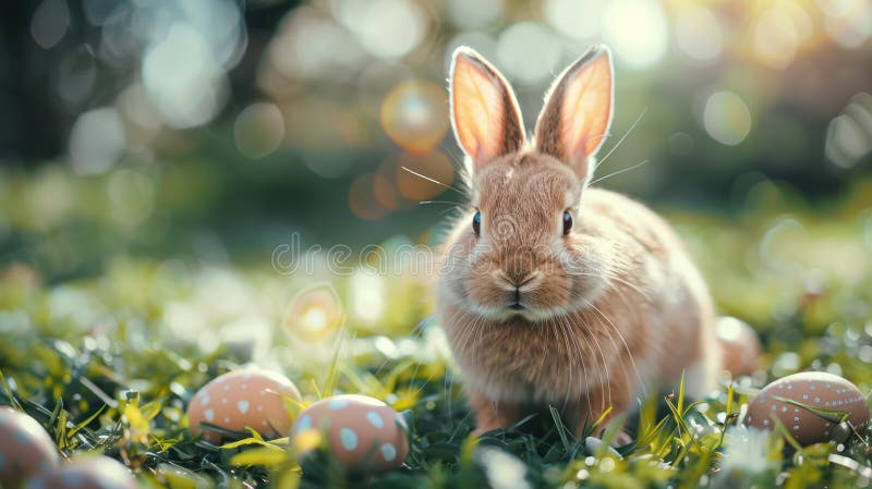 Sunny Easter Bunny with Decorated Eggs in Garden Stock Illustration ...