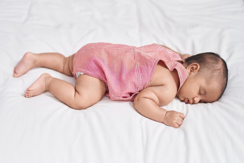 Adorable Infant Lying on Bed Sleeping at Bedroom Stock Image - Image of ...