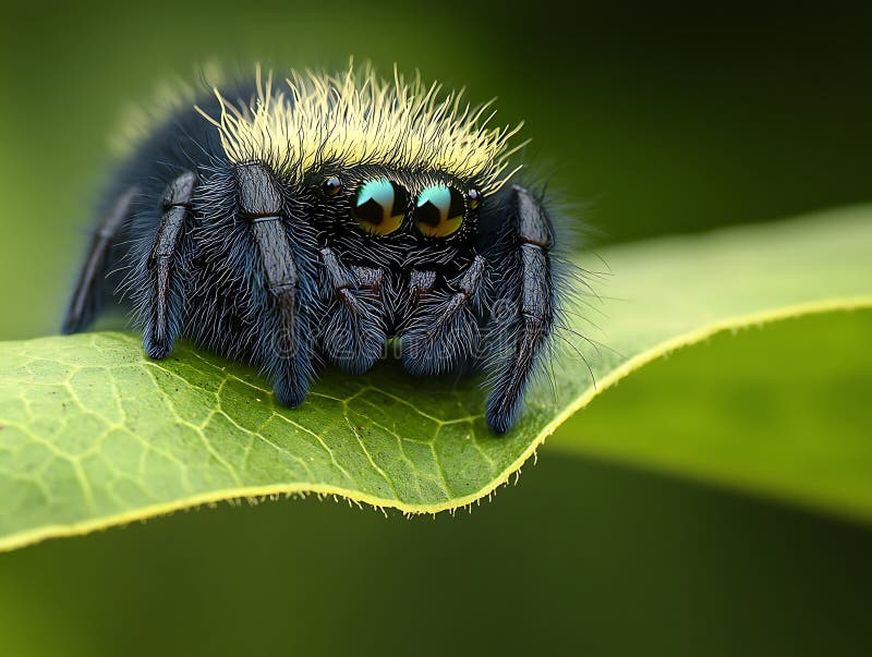 Adorable Jumping Spider with Fuzzy Yellow Head on Leaf Stock ...