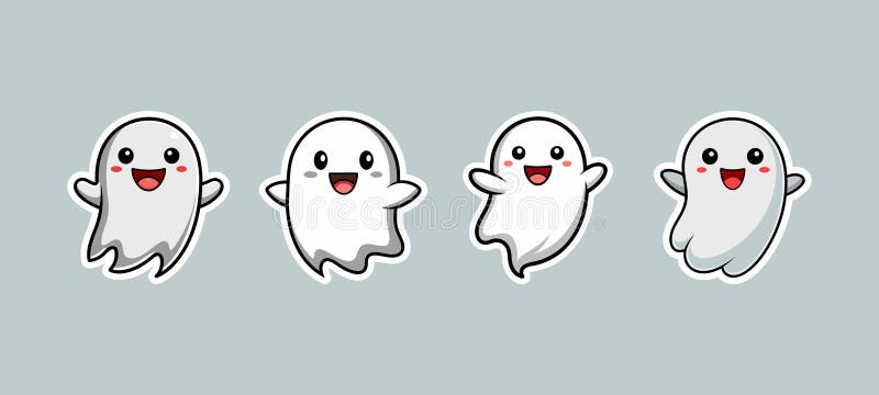 Set of Smiling Cute Kawaii Ghost Stickers. Funny Stickers. Vector ...