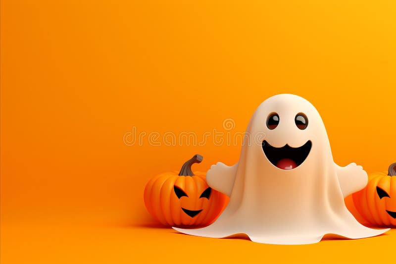 Adorable Kind Ghost Surrounded by Halloween Decorations with Copy Space ...