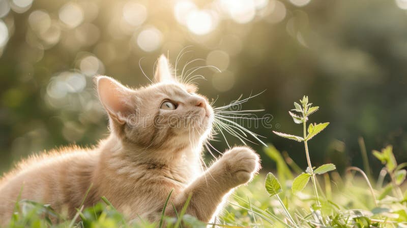 Adorable Kitten Cat Happy on Grass Field with Natural Sunlight on ...