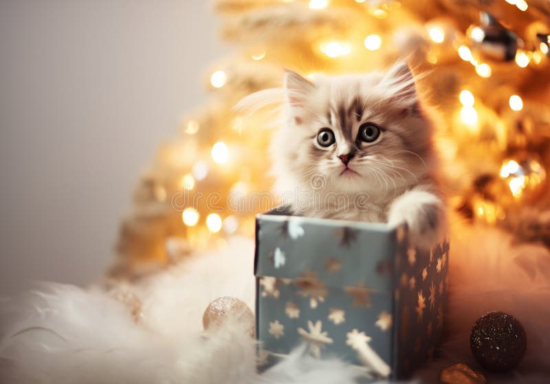 Adorable Kitten, Cat Peeping Out from Christmas Gift Present Stock ...