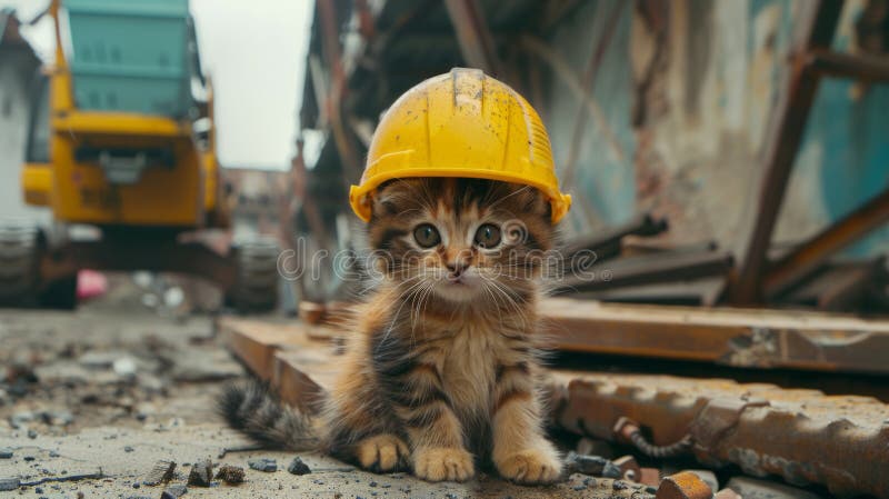 An Adorable Kitten Dressed As a Builder at a Construction Site, Wearing ...
