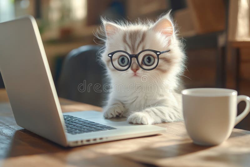 Adorable Kitten with Glasses Exploring Laptop in Cozy Home Office ...